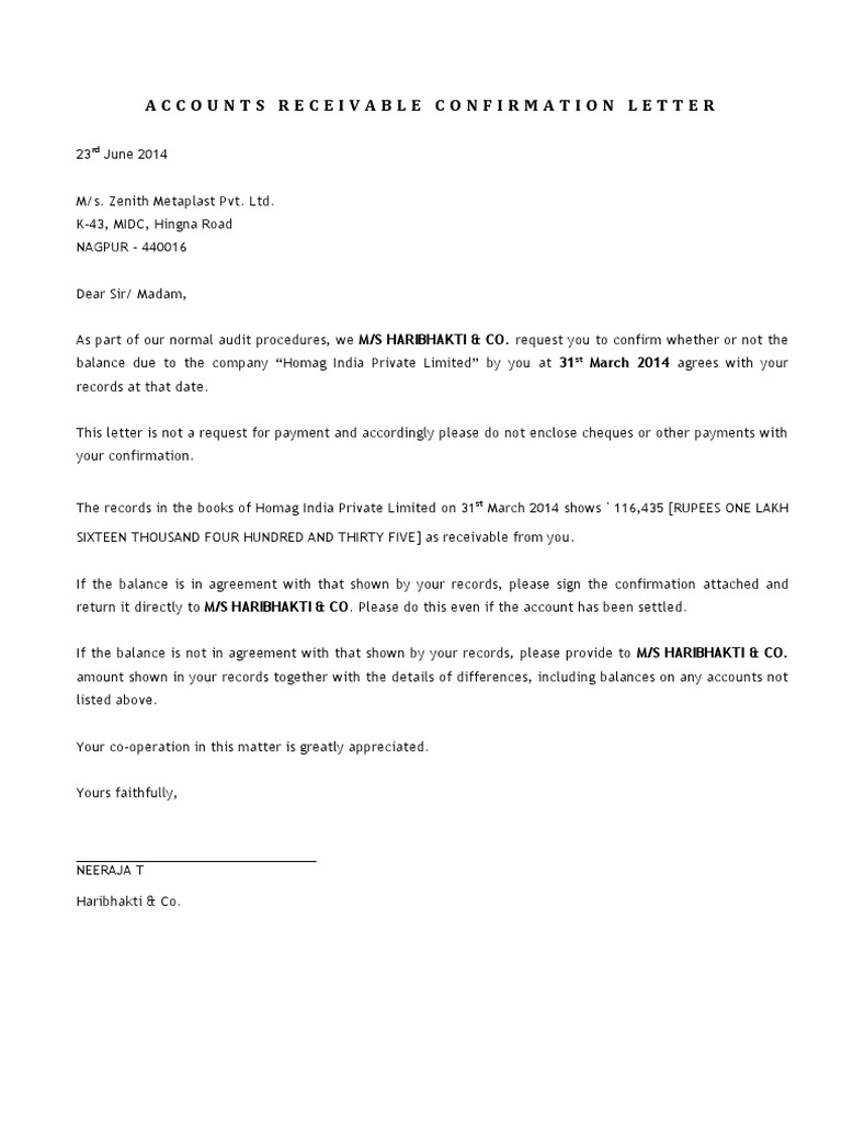 Accounts Receivable Confirmation Letter: March 2014 Agrees With Your ...