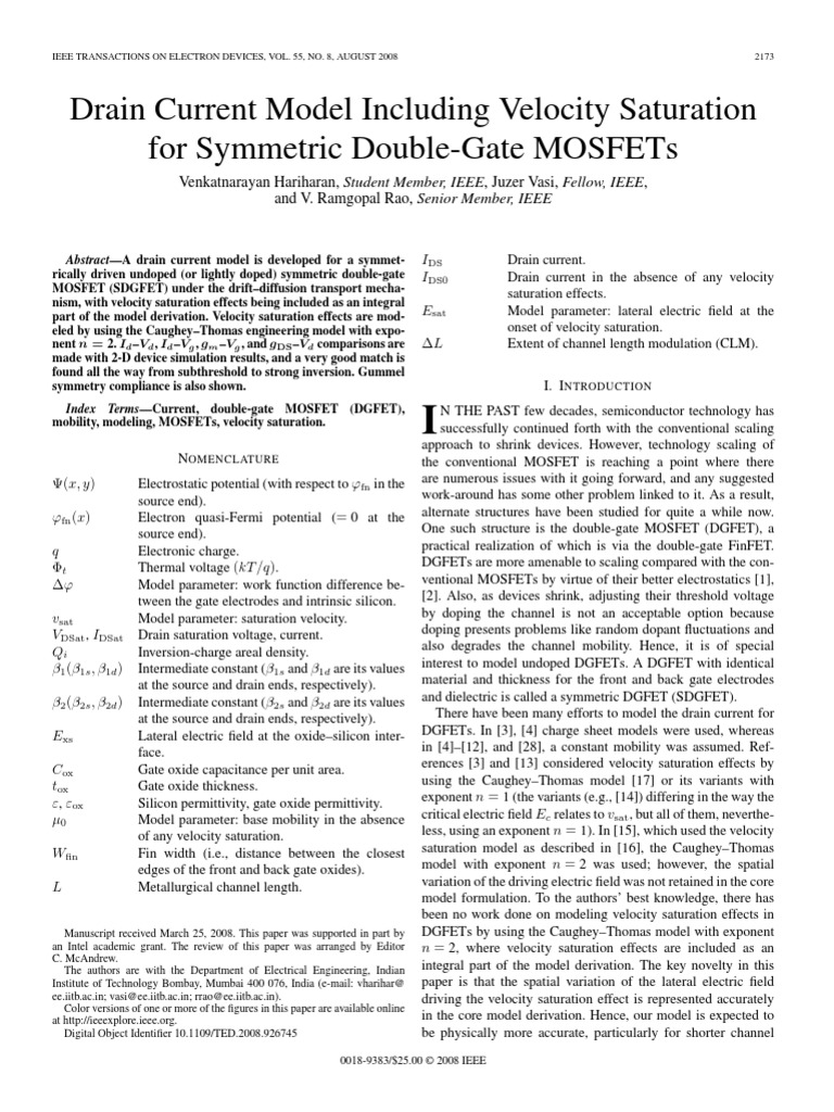 Drain Current Model Including Velocity Saturation For Symmetric Double ...