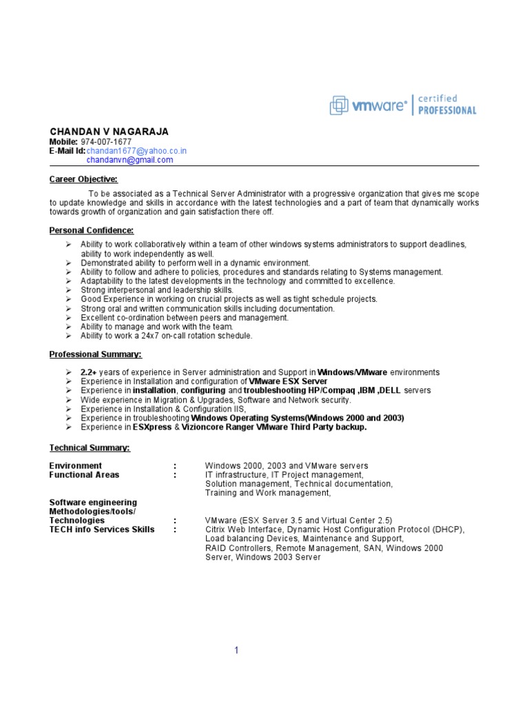Chandan V Nagaraja - Curriculum Vitae | PDF | Virtual Machine | V Mware