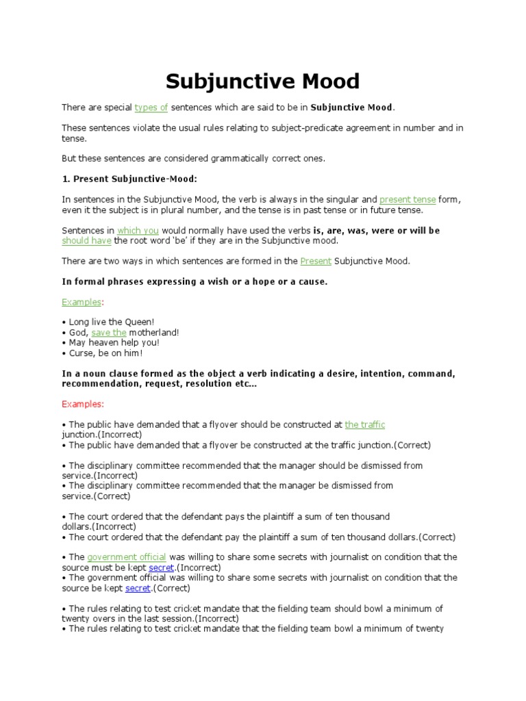 Subjunctive Mood | Download Free PDF | Grammatical Tense | Perfect ...