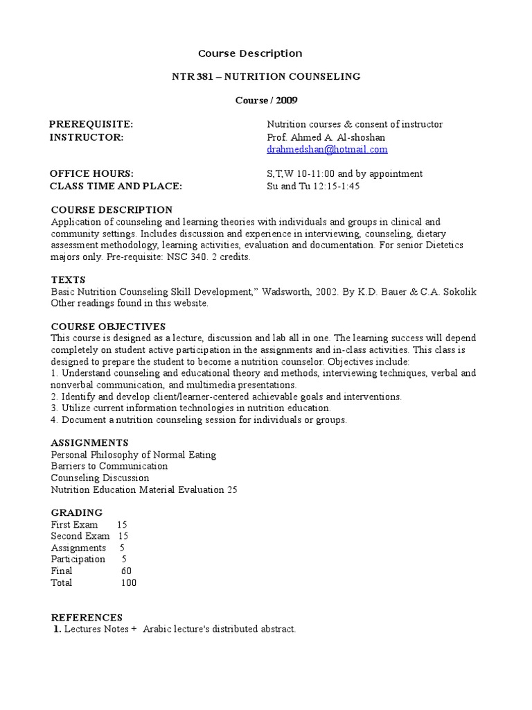 Nutrition Counseling Course Overview | PDF | Dietitian | Health Care