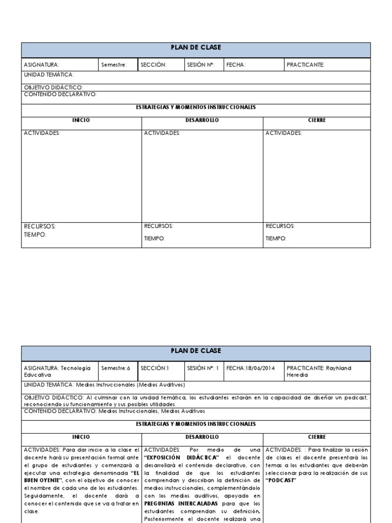 Formato de Plan de Clase | PDF | Maestros | Enseñando
