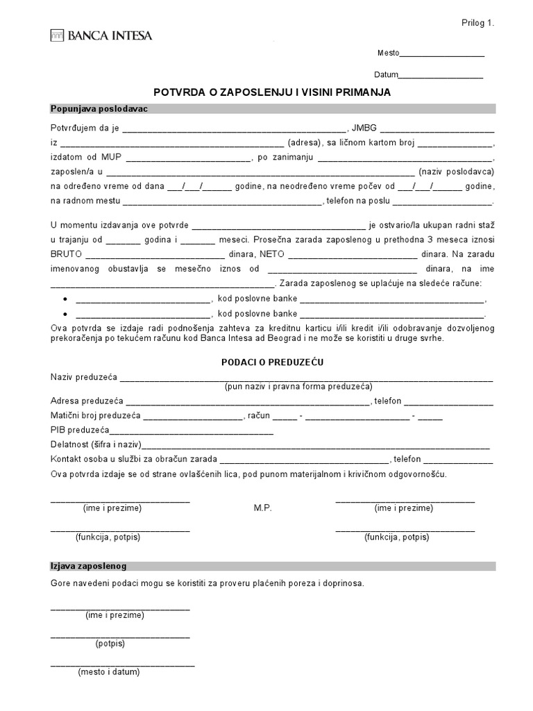 Potvrda o Zaposlenju I Visini Primanja Prilog 1 | PDF