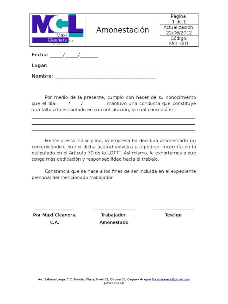 Carta De Amonestacion Ejemplo Carta De Amonestacion Ejemplo