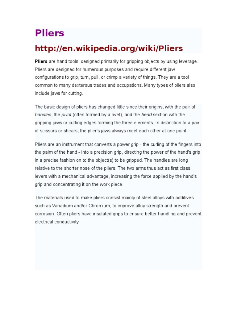 Pliers: Pliers Are Hand Tools, Designed Primarily For Gripping Objects ...