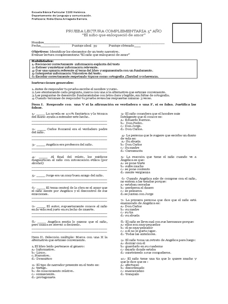 Prueba El Niño Que Enloquecio de Amor. | PDF | Narración | Lectura ...