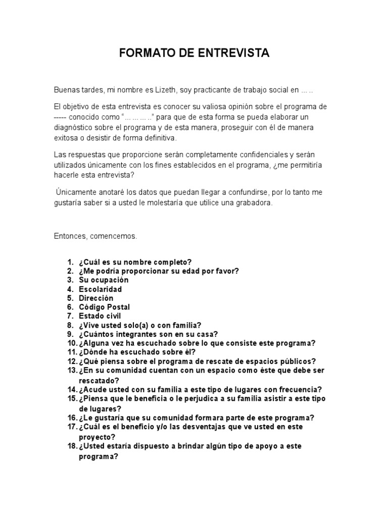 Formato de Entrevista para Trabajo Social | PDF