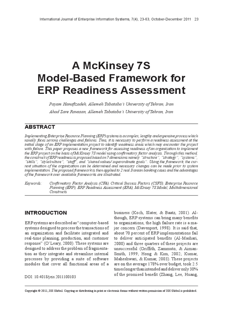 A Mckinsey 7S Model-Based Framework For Erp Readiness Assessment | PDF