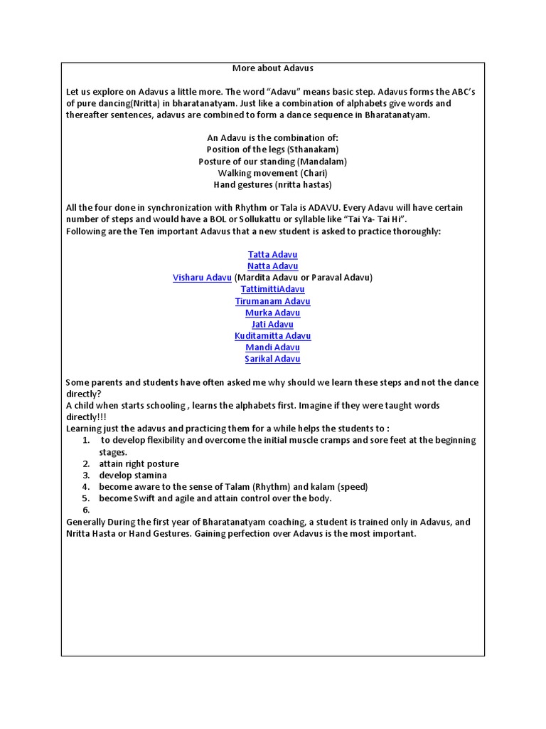 An Introduction to Adavus: The Basic Steps of Bharatanatyam Dance | PDF ...