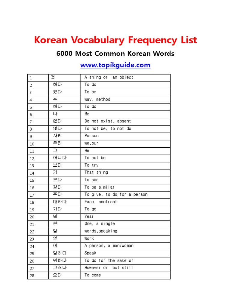 Korean Vocabulary Frequency List: 6000 Most Common Korean Words | PDF