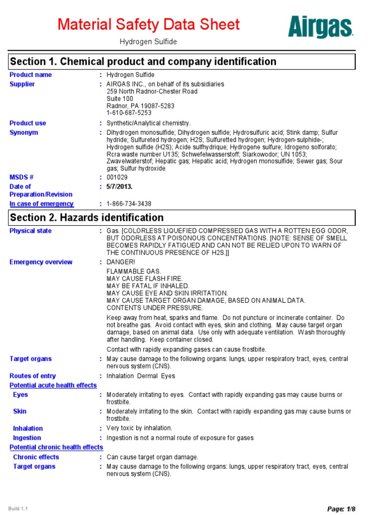 MSDS H2S | PDF | Toxicity | Dangerous Goods