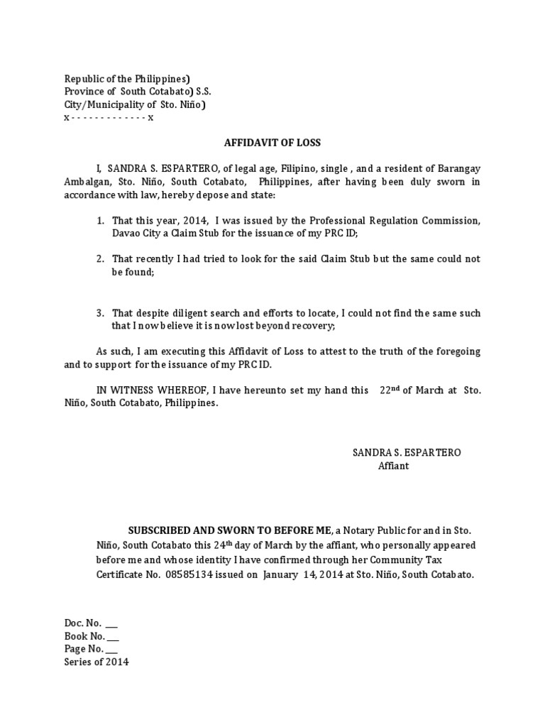 Affidavit of Lost Claim Stub | PDF | Affidavit | Comparative Law
