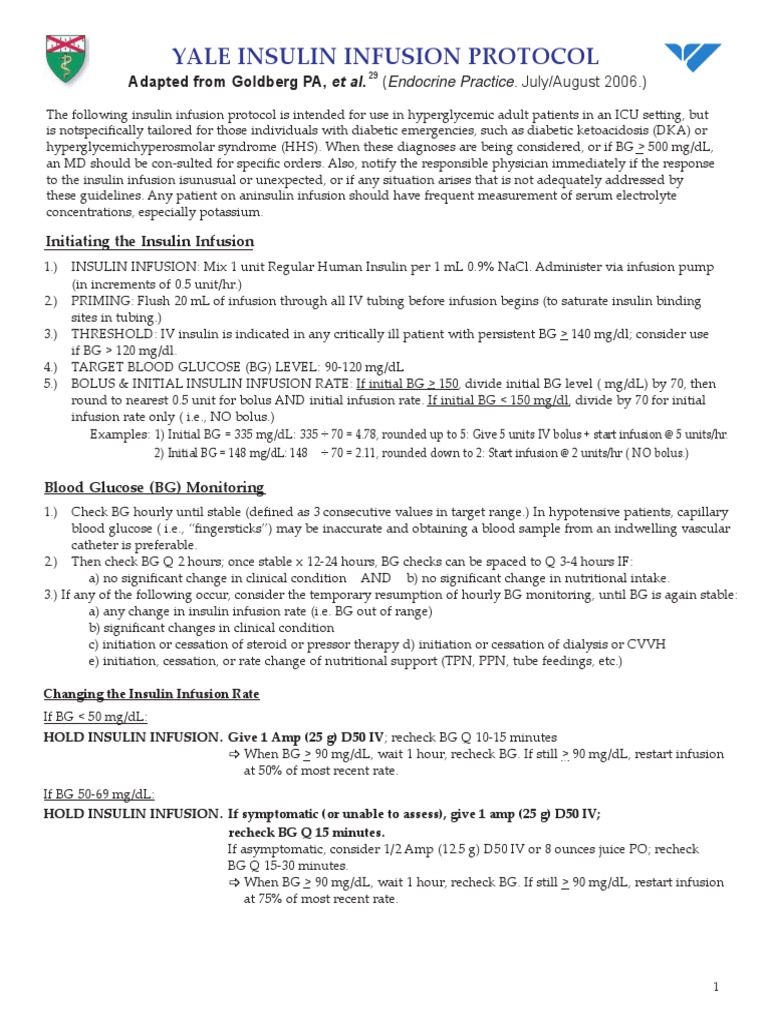 Yale Insulin Infusion Protocol | Insulin | Intravenous Therapy