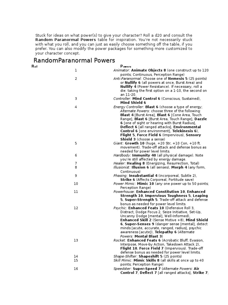 Mutants & Masterminds Random Paranormal Powers Table | PDF | Role ...