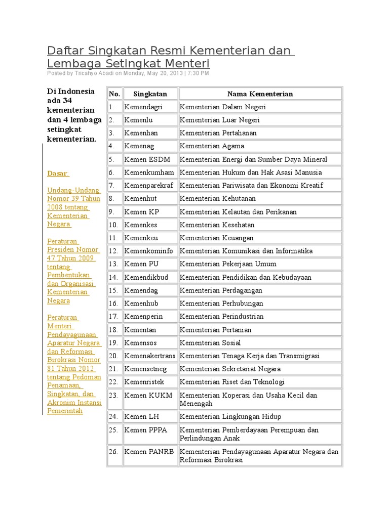 Daftar Singkatan Resmi Kementerian Dan Lembaga Setingkat Menteri | PDF ...