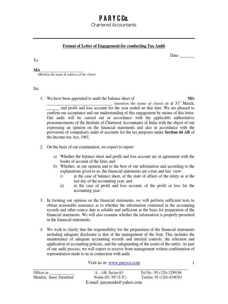 Engagement Letter For Tax Audit PDF Financial Statement Internal 