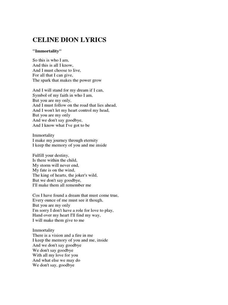 Celine Dion Lyrics: "Immortality" | PDF | Poetry