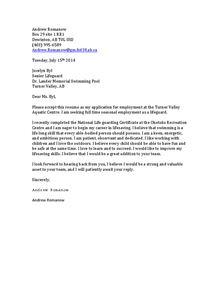 Lifeguard Job Application Letter | PDF | Self-Improvement | Lifestyle