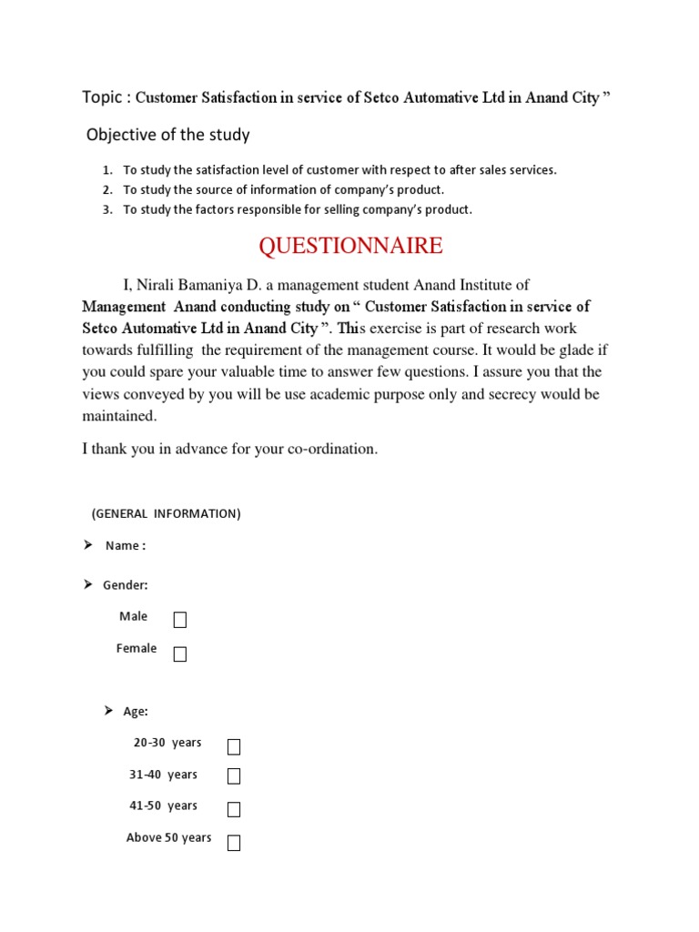 Questionnaire: Topic: Objective of The Study | PDF | Business | Psychology
