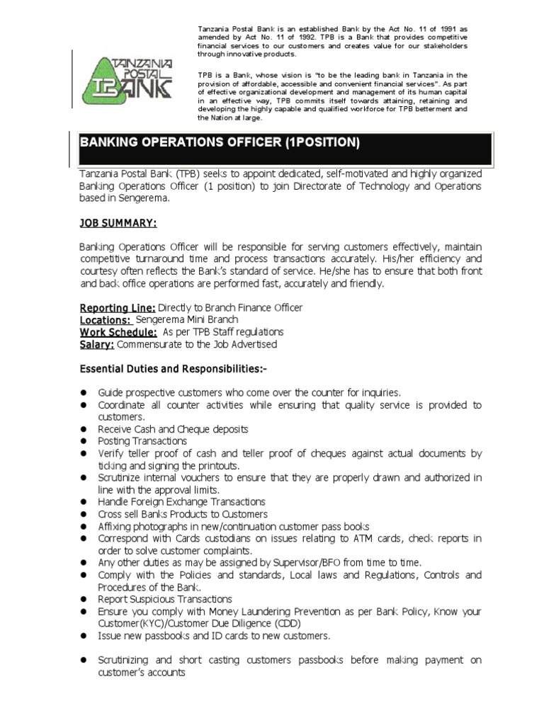 Banking Operations Officer Role at TPB | PDF | Cheque | Banks