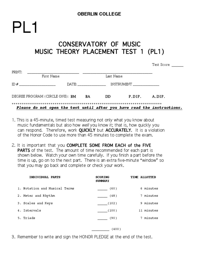Oberlin Music Theory Placement Test | PDF | Clef | Interval (Music)