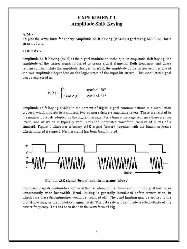Experiment 1 Amplitude Shift Keying | PDF | Modulation | Computer Data
