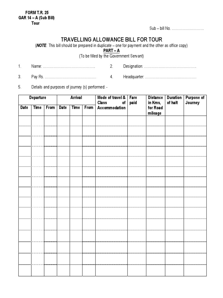 Travelling Allowance Billfor Tour | Transport | Business