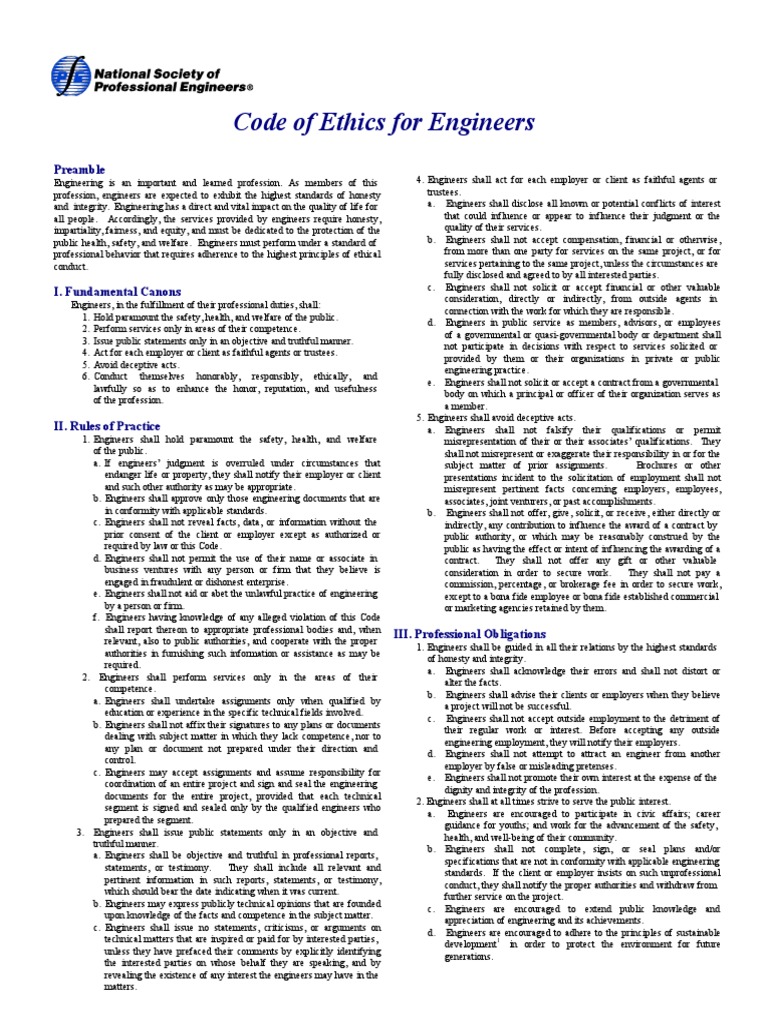 Code of Ethics For Engineers: Preamble | PDF | Engineer | Profession