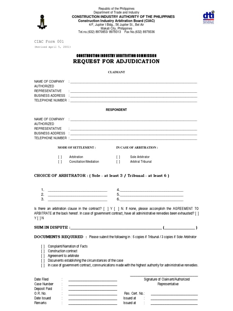 Ciac Arbitration Forms | Arbitration | Mediation