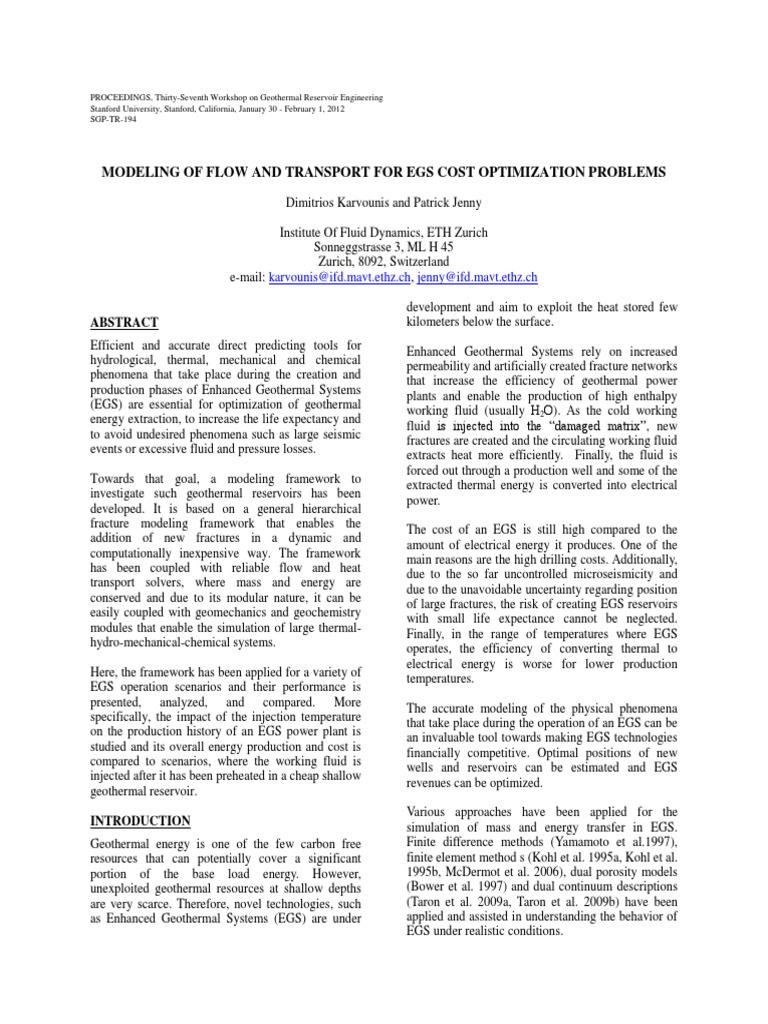 Modeling of Flow and Transport For Egs Cost Optimization Problems | PDF ...