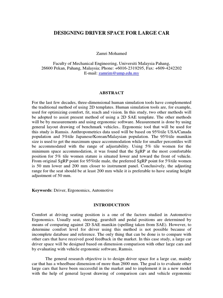 Design Driver Space For Large Car | PDF | Simulation | Human Factors ...