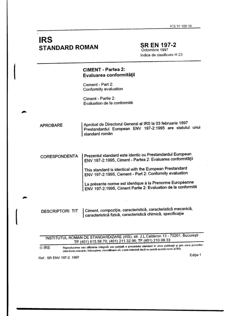 SR en 197-2-1997 Ciment-Evaluarea Conformitatii | PDF