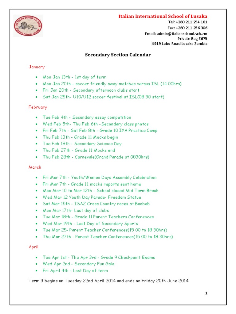 Secondary Section Calendar | PDF
