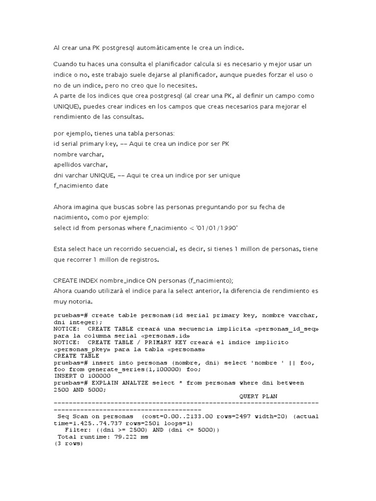 Indices en Postgresql | PDF | Datos de computadora | Informática