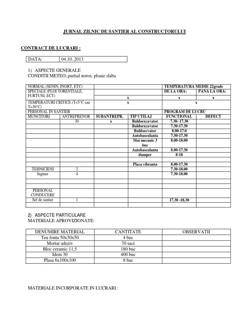 Model Jurnal Zilnic de Santier | PDF