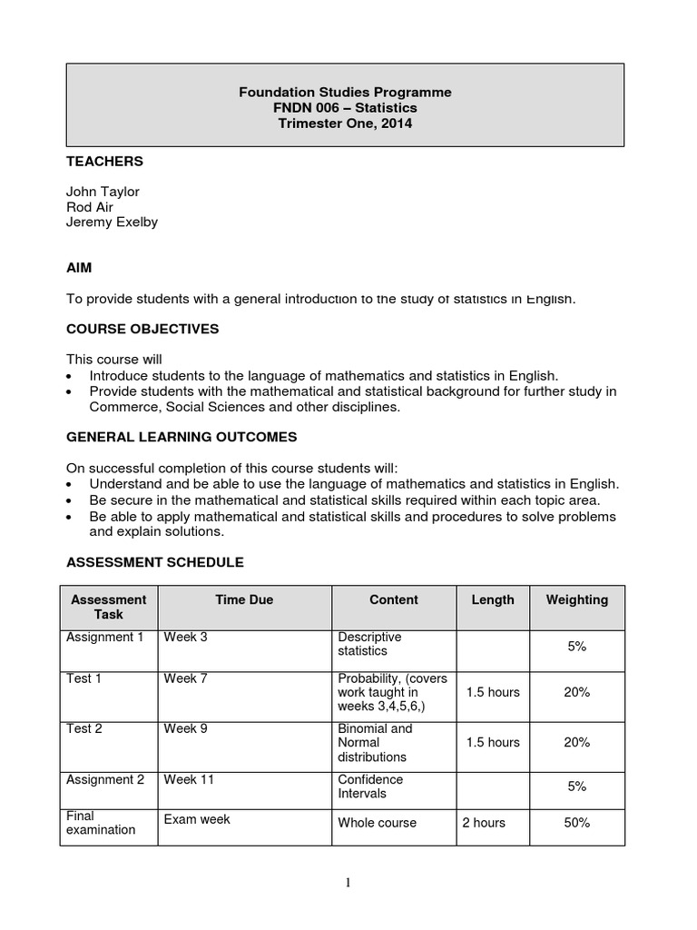Course Outline Statistics | PDF | Normal Distribution | Standard Deviation