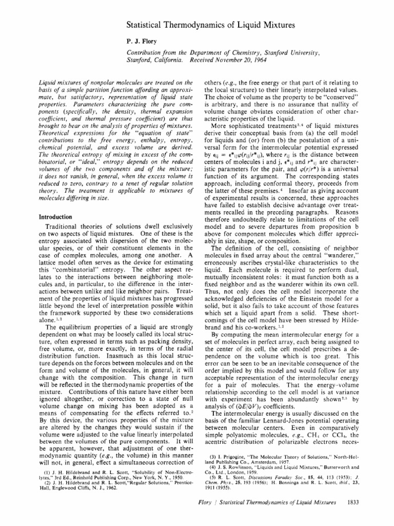 Statistical Thermodynamics of Liquid Mixtures: P. J. Flory | PDF ...