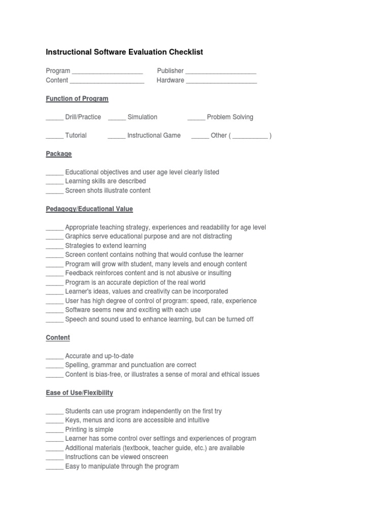 Instructional Software Evaluation Checklist | PDF