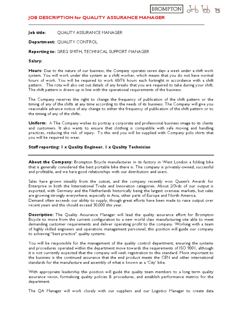 Job Description For Quality Assurance Manager | PDF | Quality Assurance ...