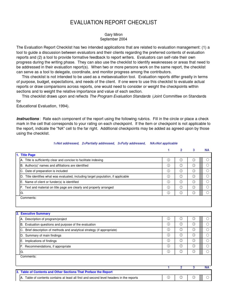 Evaluation Report Checklist | Evaluation | Methodology