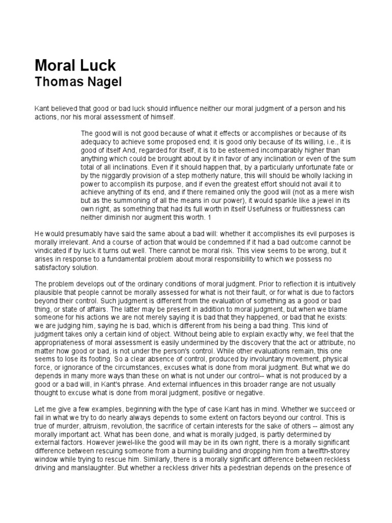 Thomas Nagel Moral Luck | PDF | Shame | Knowledge