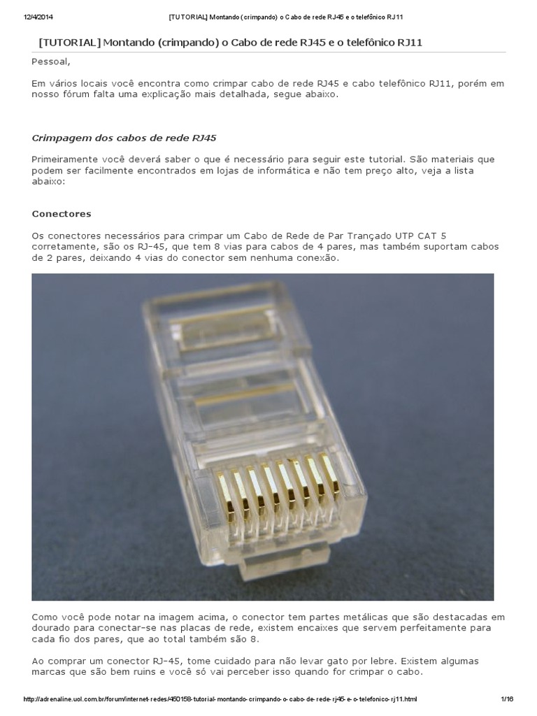 (TUTORIAL) Montando (Crimpando) o Cabo de Rede RJ45 e o Telefônico RJ11 ...
