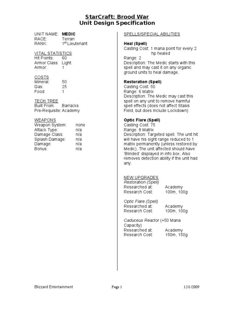 Starcraft: Brood War Unit Design Specification: Heal (Spell) | PDF