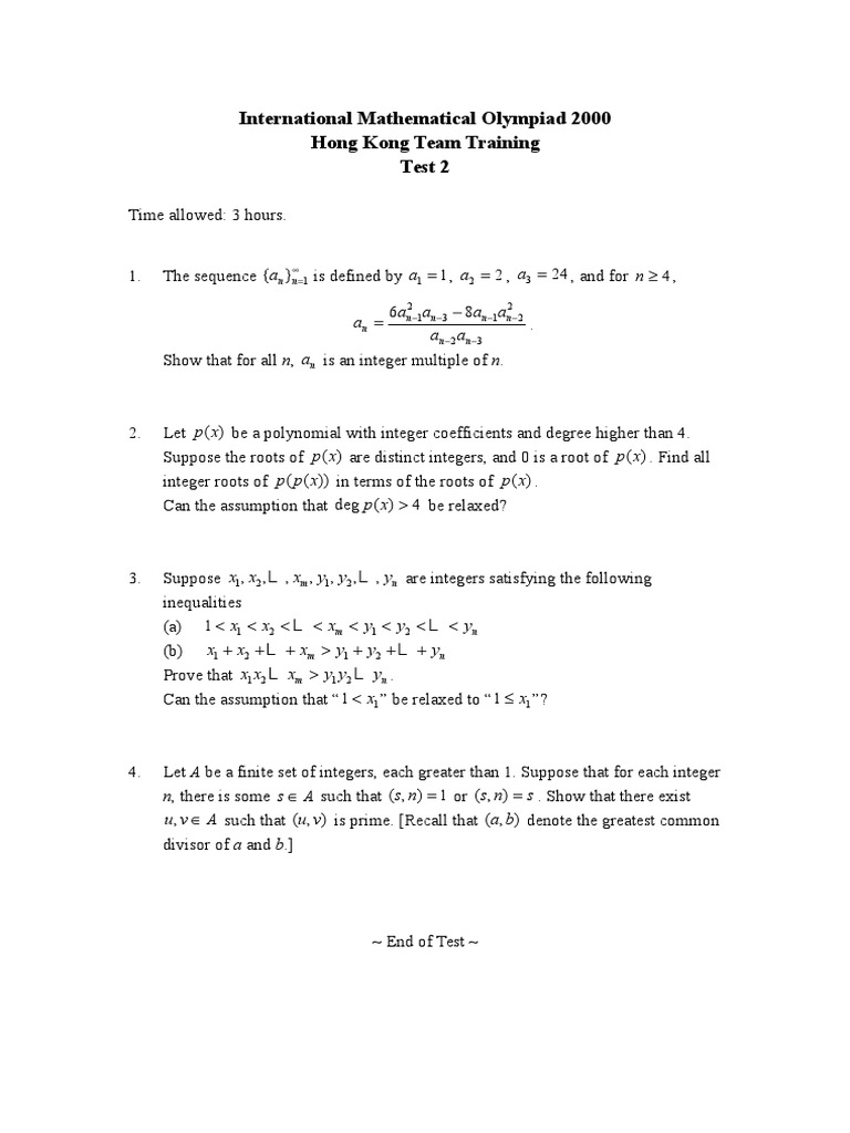 International Mathematical Olympiad 2000 Hong Kong Team Training Test 2 ...