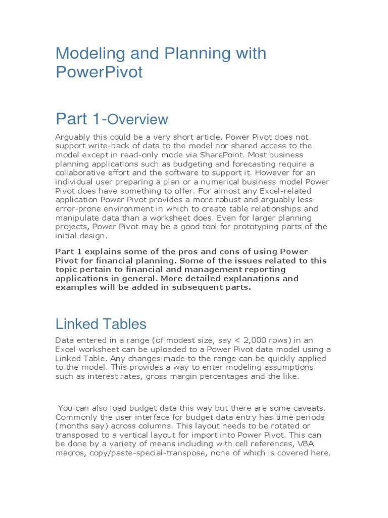 Modeling And Planning With Powerpivot Pdf Microsoft Excel Data Management