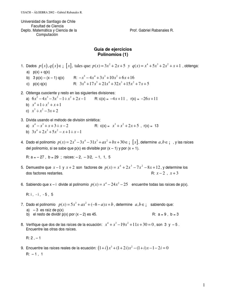 Guia - Ejercicios Con Respuesta - Polinomios | PDF | Álgebra ...