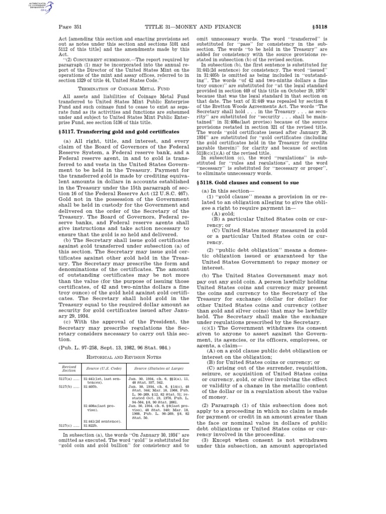 31 USC 5118 d 2 - US CODE Title 31 | Gold Certificate | United States ...