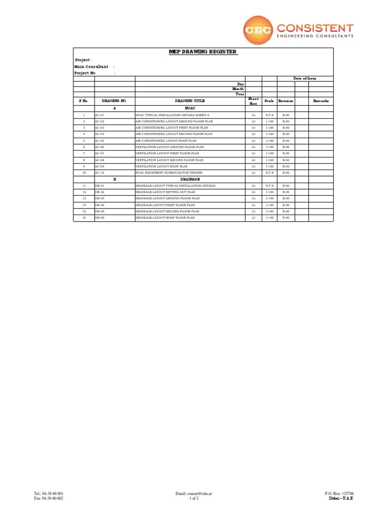 MEP Drawing List | PDF | Telephone | Hvac