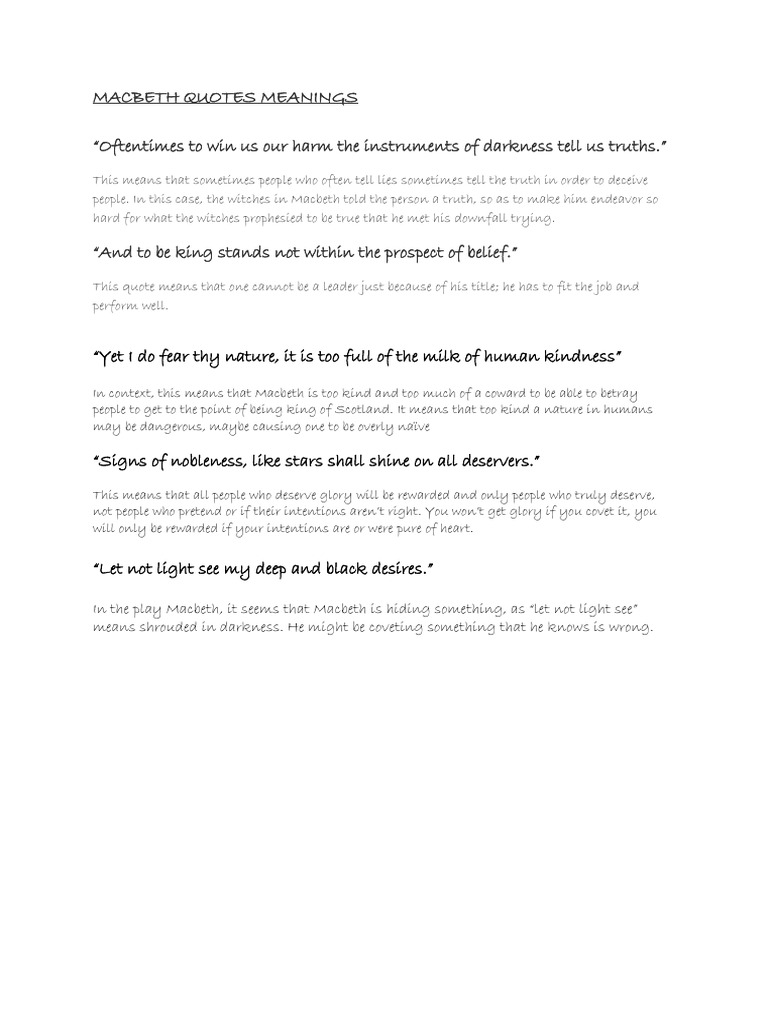 Meaning Macbeth Quotes Macbeth Quote Meanings | PDF