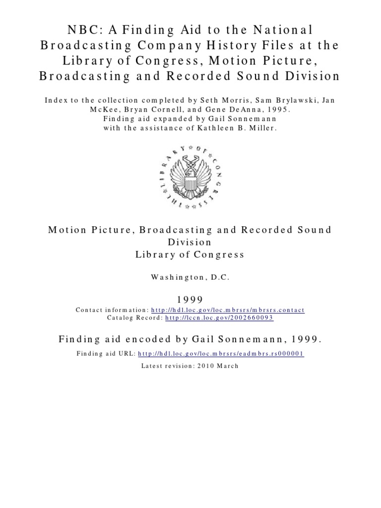 NBC A Finding Aid To The National Broadcasting Company History Files ...